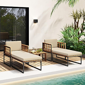 Tangkula Outdoor Chaise Lounge Chair, Acacia Wood Heavy Duty 1200 lbs Weight Capacity Wooded Patio Chair and Ottoman Set for Backyard, Poolside, Garden Deck or Balcony