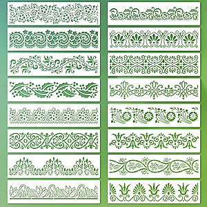 Ctosree 16 Pcs Flower Border Stencil Flower Stencil Template Reusable DIY Art and Craft Cake Decorating Templates Floral Edge Baking Tool for Crafts Painting on Wood, Canvas Paper, Fabric, 3 x 12 Inch