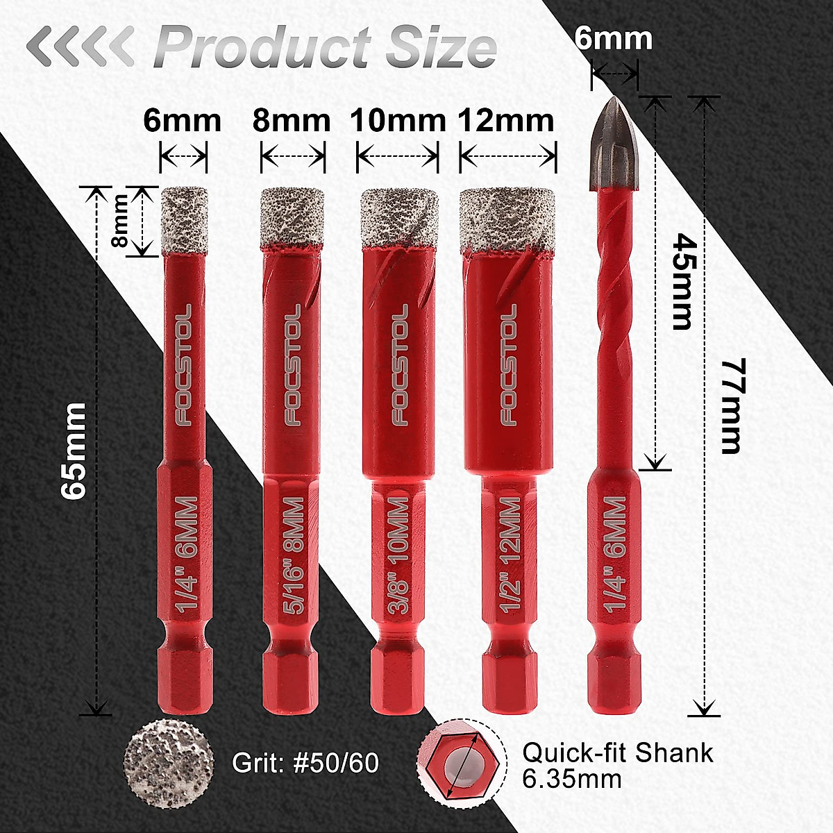 Dry Diamond Drill Bits Set - FOCSTOL 4pcs 6/8/10/12mm Diamond Hole Saw & 1pc 6mm Carbide Drill with Quick Change Hex Shank for Ceramic Porcelain Tile Marble Granite Quartz