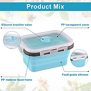 Mifoci 12 Pcs 12 oz Silicone Collapsible Food Storage Containers Bulk Rectangle Collapsible Meal Prep Container Collapsible Bowl with Clear Lids Vent, Freezer, Microwave Dishwasher Safe (Gray Blue)