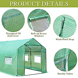 AVAWING Large Outdoor Greenhouse, 15x7x7 ft Walk in Greenhouse Tunnel with Heavy Duty Galvanized Steel Frame, Zippered Door & 8 Roll-up Windows Green Houses for Outside Garden Plant, Green