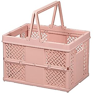 LUOZZY Collapsible Storage Storage Basket Handheld Plastic Sundries Holders Folding Basket Box With Handle, Pink