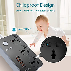 MANTO Power Strip with USB Ports, 3 Widely Spaced AC Outlets and 4 USB (3 QC 3.0 + 1 PD 3.0) Mountable Charging Station with 6.6ft Extension Cord, 2500W/10A Flat Plug for Home Office Dorm, Black