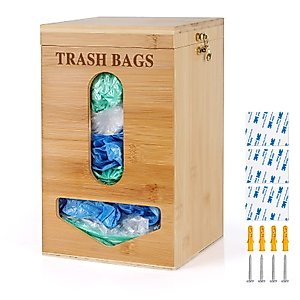 Jolensoy Trash Bag Holder Grocery Bag Holder Bamboo Garbage Bag Holder Wall Mounted Double Easy-Access Opening for Home Kitchen Cabinet Organization (Bamboo color)