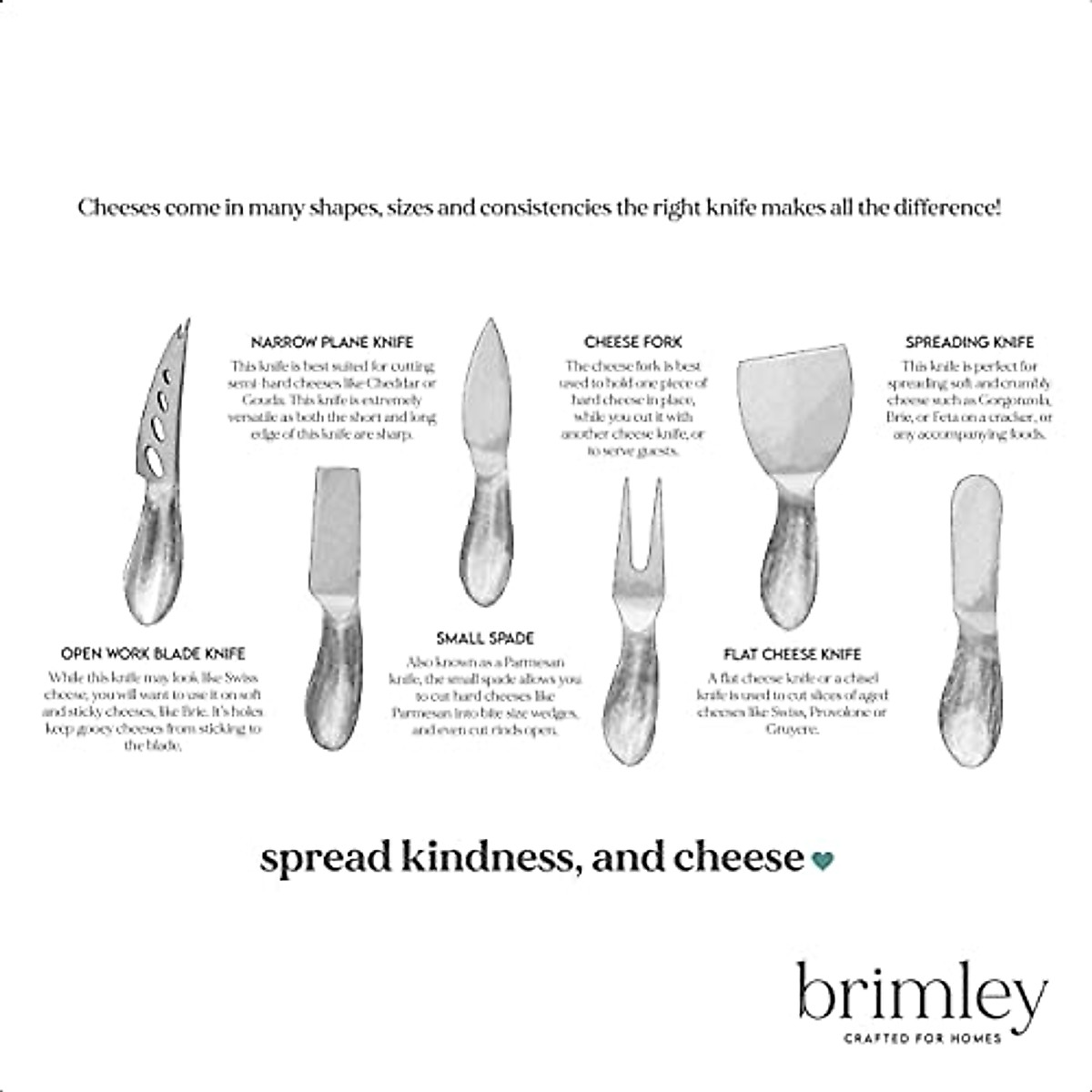 brimley Pack of 6 Cheese Knife Set, Ergonomic Design for Slicing, cutting and Spreading, Complete Set Stainless Steel Knives for Bridal Party, Housewarming Gift, Birthday Parties (Matte Black)