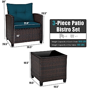 HAPPYGRILL 3 Pieces Patio Furniture Set Outdoor Furniture Rattan Wicker Chairs and Table Set, Balcony Porch Conversation Set with Washable Cushions & Tempered Glass Coffee Table (Blue)