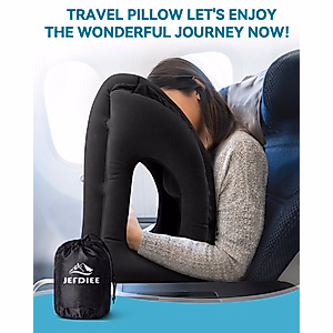 JefDiee Inflatable Travel Pillow, Airplane Neck Pillow Comfortably Supports Head and Chin for Airplanes, Trains, Cars and Office Napping with 3D Eye Mask, Earplugs and Portable Drawstring Bag (Black)