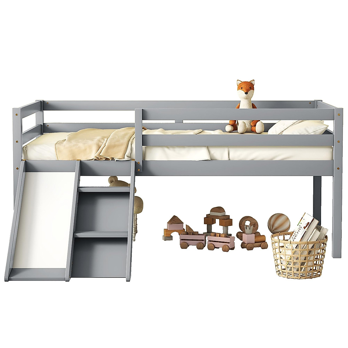 Twin Low Loft Bed with Slide, Ladder & Safety Guardrails, Wood Loft Bed Frame for Kids Teens Boys & Girls, No Box Spring Needed,Grey