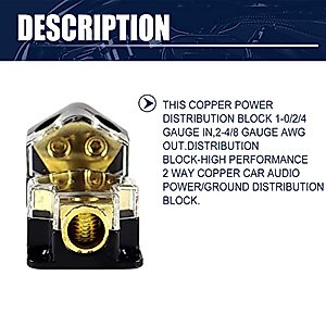 FEXON 2PCS 0/2/4 Gauge in 4/8 Gauge Out 2 Way Amp Copper Power Distribution Block for Car Audio Splitter