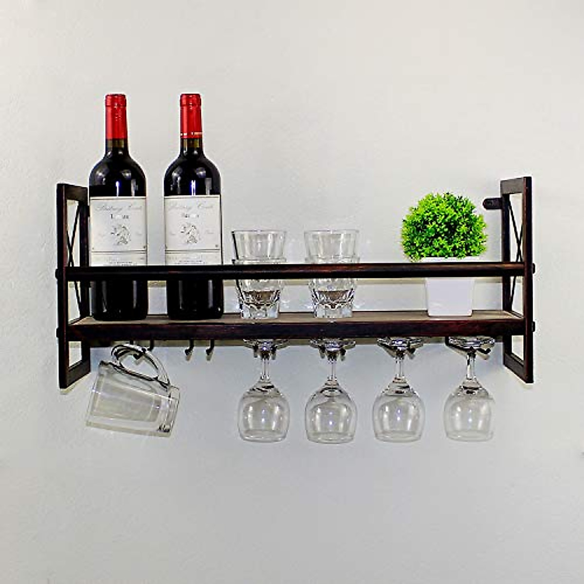 MBQQ Industrial Wine Racks Wall Mounted with Stemware Racks,24" Rustic Metal Hanging Wine Holder,Bottle Holder with 7 Stem Glass Holder,Metal&Wood Shelves Home Decor Wall Shelf,Retro Red