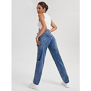 SweatyRocks Women's High Waist Slant Pocket Denim Jeans Ripped Straight Leg Pants Blue L