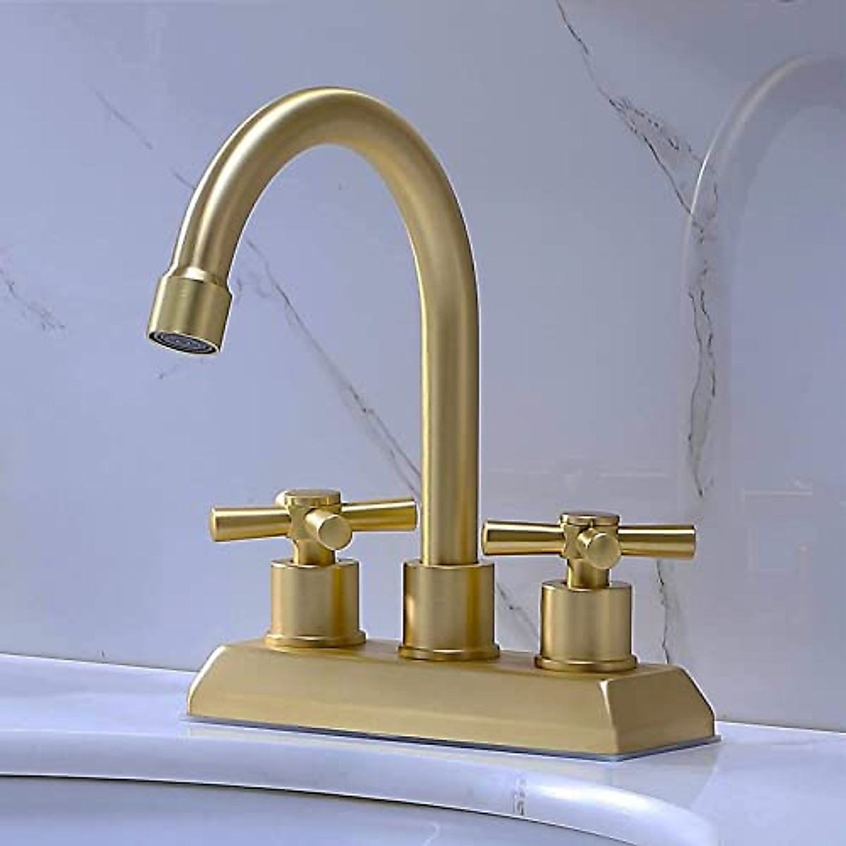 VAPSINT 2 Handle 4 Inch Centerset Brushed Gold Bathroom Faucet,Modern Commercial 2 Hole Gold Bathroom Sink Faucet,Laundry Basin Vanity Sink Faucet with Supply Lines and Pop up Drain Combo