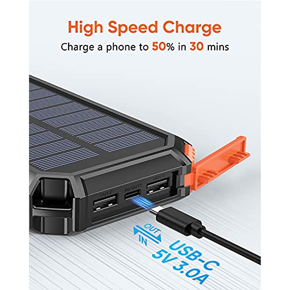 Riapow Solar Charger 30000mAh High Capacity Solar Power Bank with Built-in USB C & USB Input Cables, Fast Charge Portable Phone Charger with 5 Outputs & 2 Inputs for iPhone Samsung Tablet