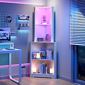 YITAHOME Corner Shelf Stand with Led Light, 5 Tier Corner Bookshelf and Bookcase, Wooden Open Corner Cabinet Display Storage Rack for Bedroom,Living Room, Dining Room, Home Office, Kitchen, White