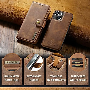 Smartphone Flip Cases Compatible with iPhone 15 Plus Case, DG.MING 2 in 1 Clucth Retro Real Cowhide Leather Folio Flip Wallet Magnetic Detachable Slim Phone Cover Case Compatible with iPhone 15 Plus,W