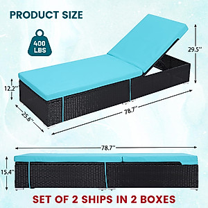 Murago Outdoor Patio Rattan Wicker Chaise Lounge Chair, Set of 2, Adjustable Backrest, Waterproof Cushion, Ideal for Pool, Black Frame with Blue Cushion