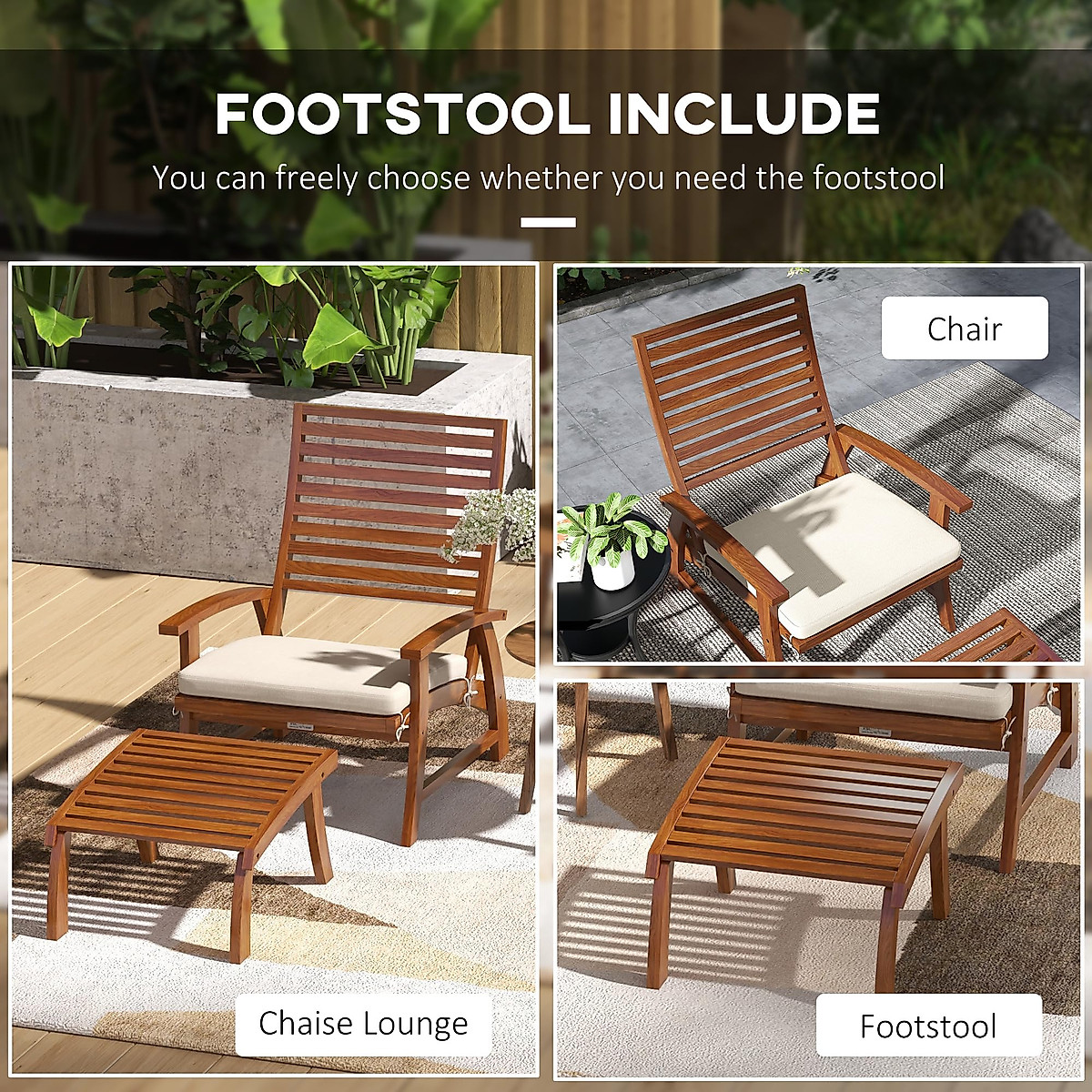 Outsunny 4 Piece Patio Furniture Set, 2 Chairs with Cushions & Ottomans, Outdoor Chair Set for 2 with Footstools, Slatted Acacia Wood Seat & Backrest, Cream White