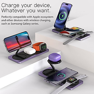 PETINO 3 in 1 Magnetic Wireless Charger Foldable, Mag-Safe Charger Stand, Mag-Safe Wireless Charging Station for Apple Devices, iPhone 15/14/13/12 Series, Apple Watch Series, AirPods Pro(Purple)