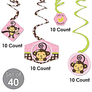Big Dot of Happiness Pink Monkey Girl - Baby Shower or Birthday Party Hanging Decor - Party Decoration Swirls - Set of 40