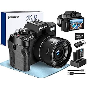 Monitech Digital Camera for Photography and Video, 4K 48MP Vlogging Camera for YouTube with 180° Flip Screen,16X Digital Zoom, 2 Batteries，32GB TF Card