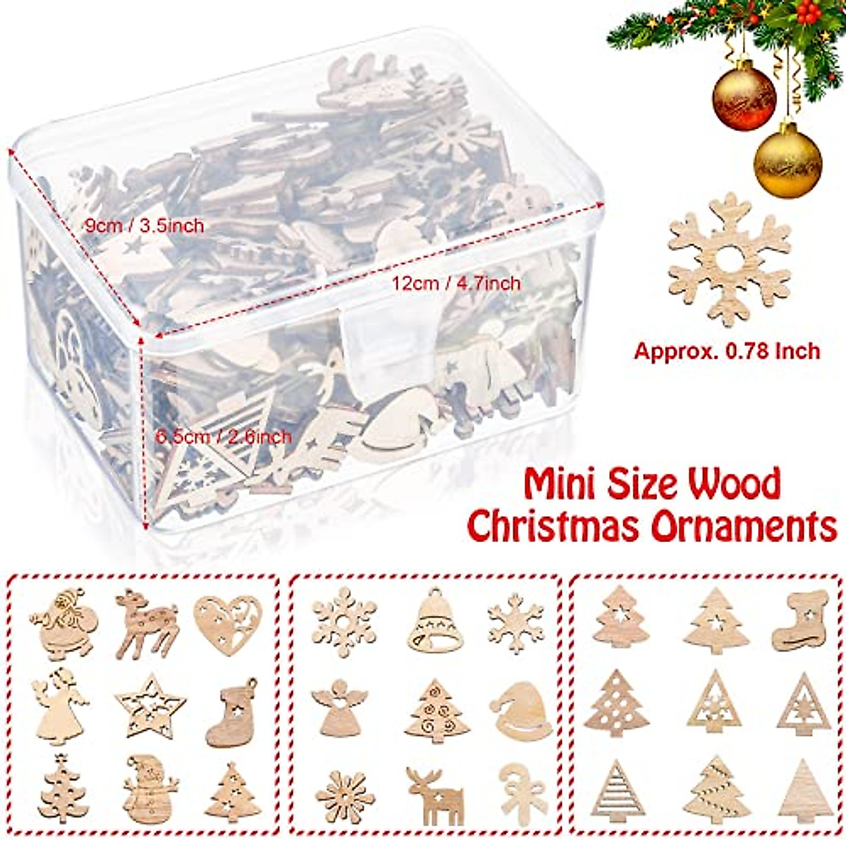 200 Pieces Christmas Unfinished Mini Wooden Ornaments Halloween Thanksgiving DIY Mini Wood Blank Cutouts with Storage Box and Twine for Christmas Tree Hanging Crafts Xmas Decorations