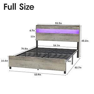 Grey Full Size Bed Frame with 2-Tier Wooden Storage Headboard and Charging Station Modern Upholstered Platform Full Bed Frame with RGB LED Lights Metal Support,No Box Spring Needed,Noise Free,Gray