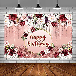 AIBIIN 7x5ft Burgundy Floral Happy Birthday Backdrop Rose Gold Glitter Bokeh Pink Burgundy Floral Photography Background Women Lady Girl 16th Bday Party Decorations Banner Supplies Photo Booth Props