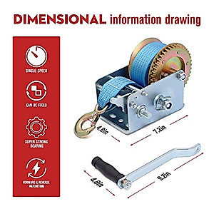 BULLETSHAKER 3200LBS Polyester Strap 2 Gear Hand Winch Hand Crank Gear Winch ATV Boat Trailer
