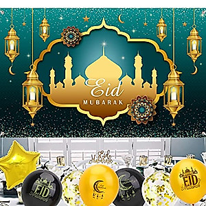 Large Eid Mubarak Party Decorations, Green and Gold Ramadan Mubarak Backdrop Banner, Muslim Ramadan Banner Photo Booth Backdrop for Eid Mubarak Indoor and Outdoor Decorations