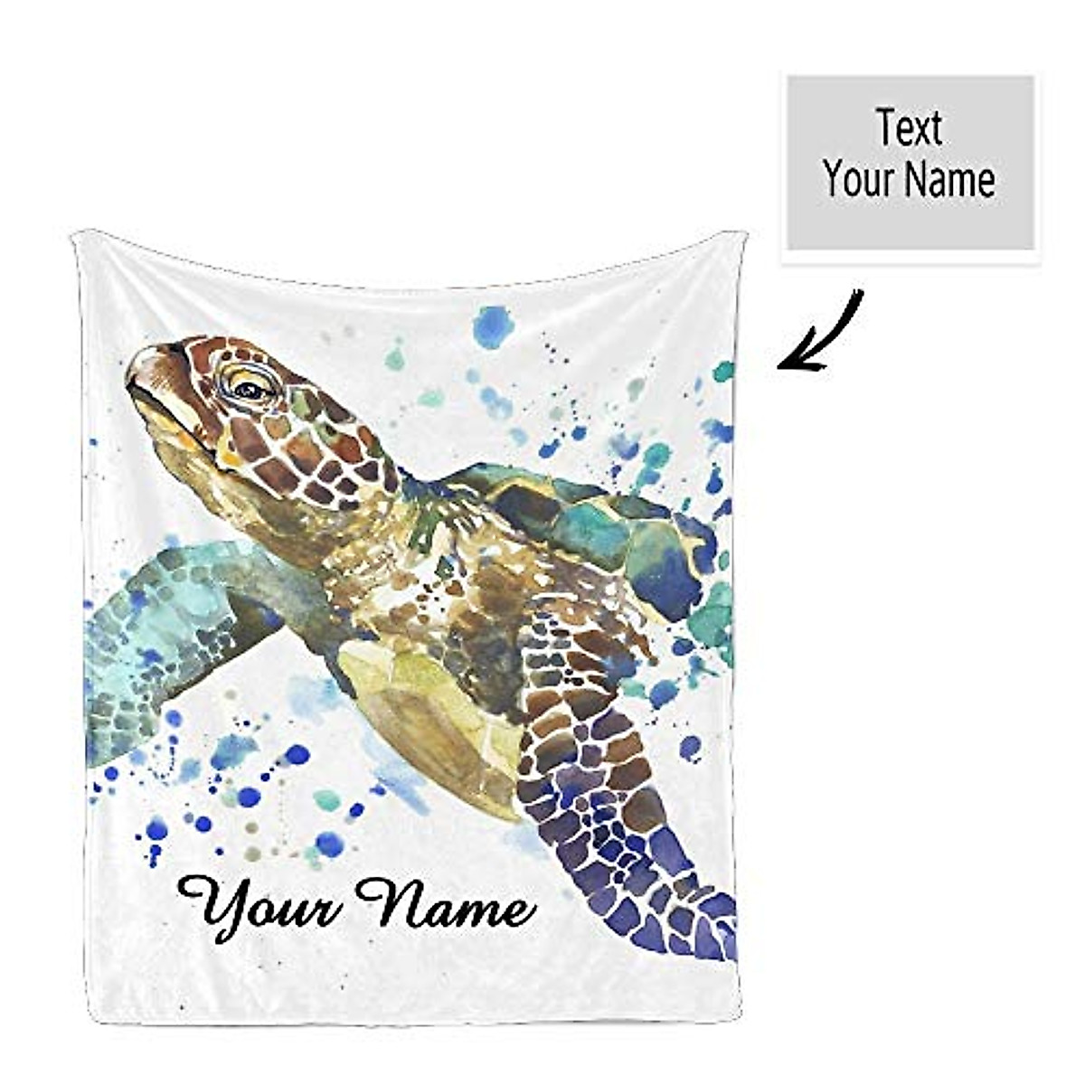 CUXWEOT Custom Blanket with Name Text,Personalized Sea Turtle Watercolor SplashSuper Soft Fleece Throw Blanket for Couch Sofa Bed (50 X 60 inches)