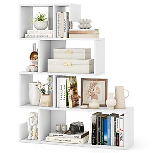 Tangkula S-Shaped Bookshelf, 5-Tier Modern Geometric Stepped Bookcase with Anti-Tipping Kits, Freestanding Corner Ladder Display Rack for Living Room Home Office (1, White)