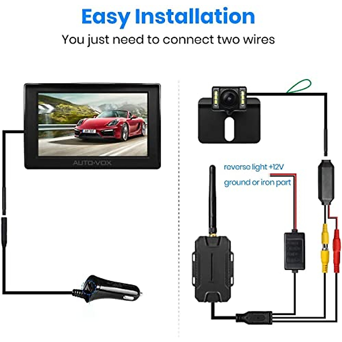 AUTO-VOX M1W Wireless Backup Camera with Stable Signal, Car Back Up Camera Systems with Super Night Vision (6 LEDs) HD Monitor Reverse Camera for Truck, Trailer, RV, Camper