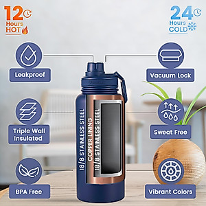 lexlion Water Bottle 32 Oz, Triple Walled Insulated Stainless Steel Reusable, Wide Mouth, Fruit Diffuser-Thermal Leaf Infuser , Silicone Sleeve&Cleaning Brush, 3 Lids Leak Proof, Metal Mug gallon