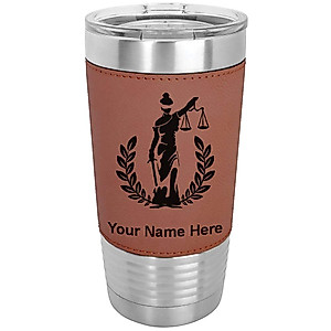 LaserGram 20oz Vacuum Insulated Tumbler Mug, Lady Justice, Personalized Engraving Included (Faux Leather, Dark Brown)
