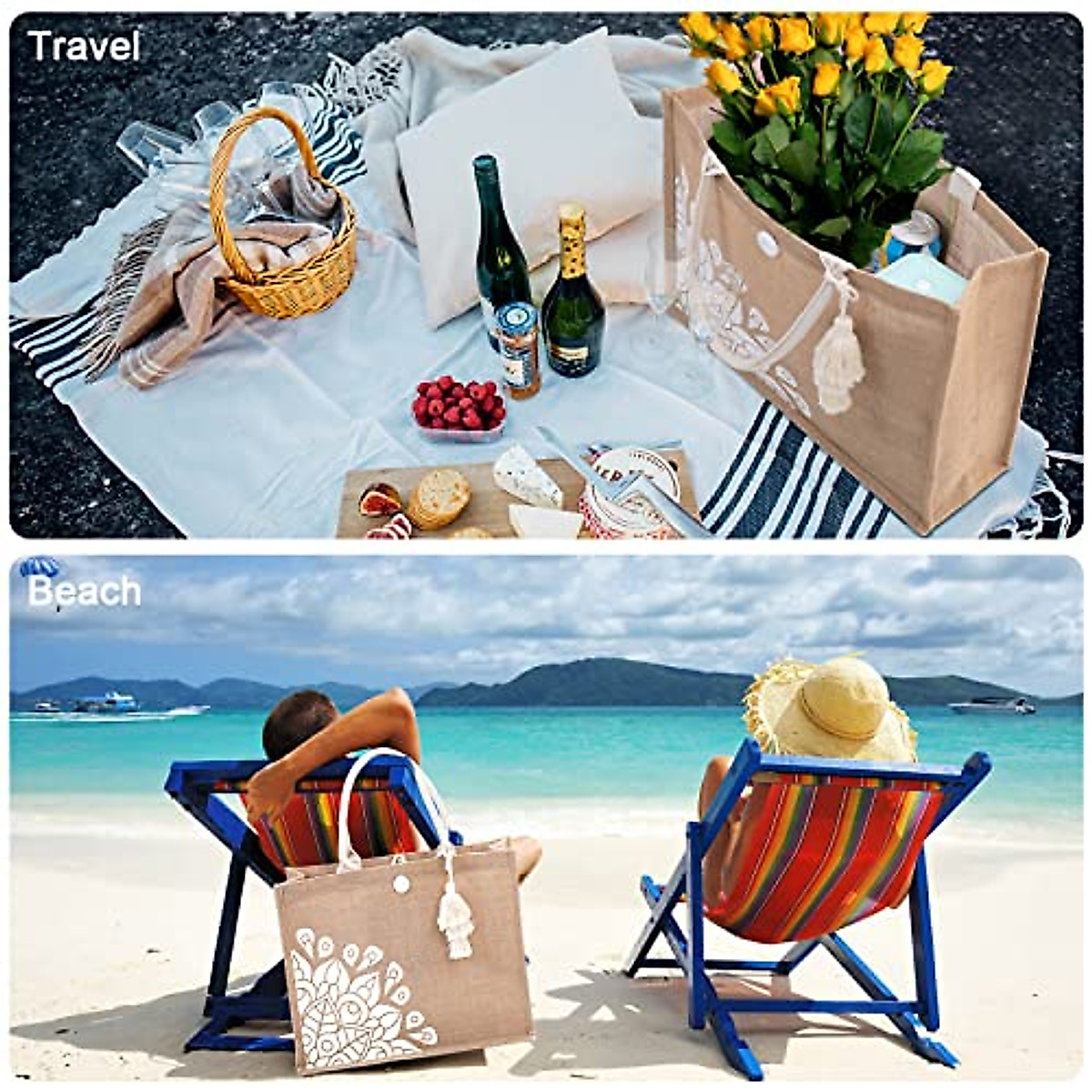 itgowisa Cute Beach Bag for Women Jute Tote Bag Large Straw Reusable Grocery Bag Trendy Handbag with Pouch and Tassel Eco Aesthetic Foldable Stay Upright Durable for Shopping Travel Summer beach Gift