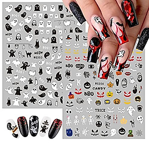 8 Sheets Halloween Nail Stickers 3D Halloween Nail Decals Halloween Pumpkin Skull Bat Nail Stickers Holographic Horror Stickers Accessories for Halloween for Women Girls Acrylic Nails DTY Halloween