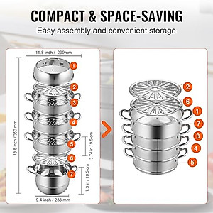 VEVOR Steamer Pot 11.8in/30cm, 5 Tier Steamer Pot for Cooking with 10QT Stock Pot, 3 Vegetable Steamers & 2 Steaming Trays, Food-Grade 304 Stainless Steel Food Steamer Cookware for Gas Electric Stove
