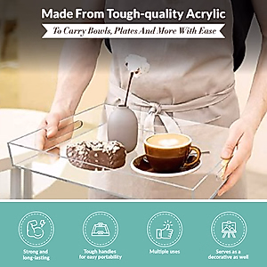 Rectangle Coffee Table Tray - Clear Acrylic Tray with Handles 16 x 12 x 2 - Rectangle Tray for Serving Food, Coffee, Organizing Bathroom Accessories, Makeup, Perfume, Ottoman, Eating in Bed Tray