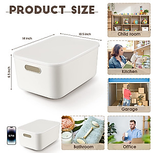 Tuanse 8 Pieces Plastic Storage Bins with Lids,White Storage baskets with Handle Stackable Containers Box For Shelves Drawers Desktop Playroom Classroom Office Organization(14 x 10.5 x 6.5 Inches)