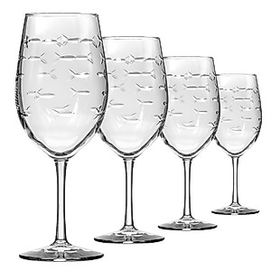 Rolf Glass School of Fish 18oz All Purpose Wine Glass | Set of 4 | Large Wine Glasses | Lead-free Crystal Glass | Engraved Wine Glasses | Made in the USA