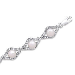 Jewelili Bracelet Sterling Silver with 7MM White Pearl and Created Round White Sapphire, 7.75"