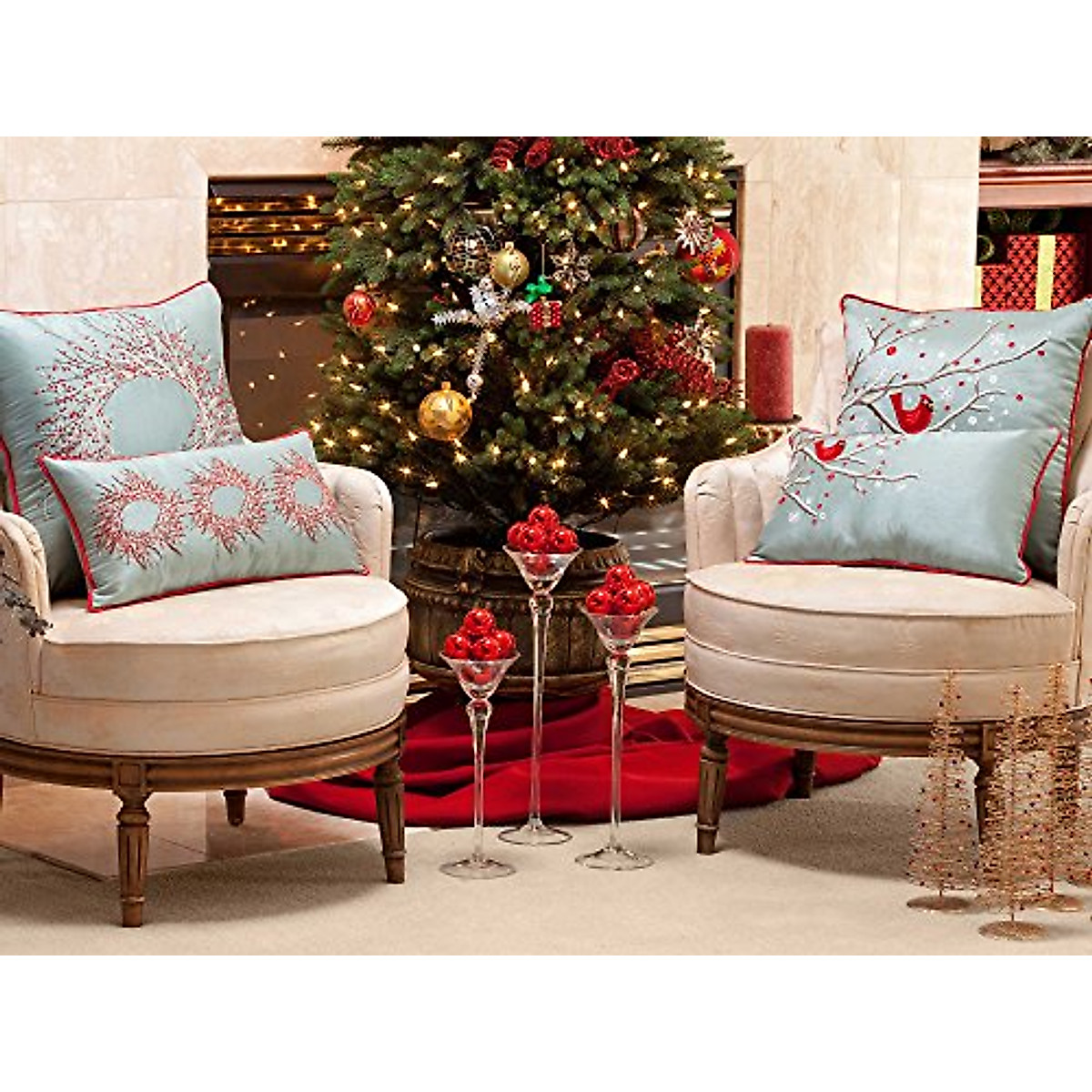 Pillow Perfect Holiday Cardinal on Snowy Branch Lumbar Pillow, 11.5" x 18.5", Blue