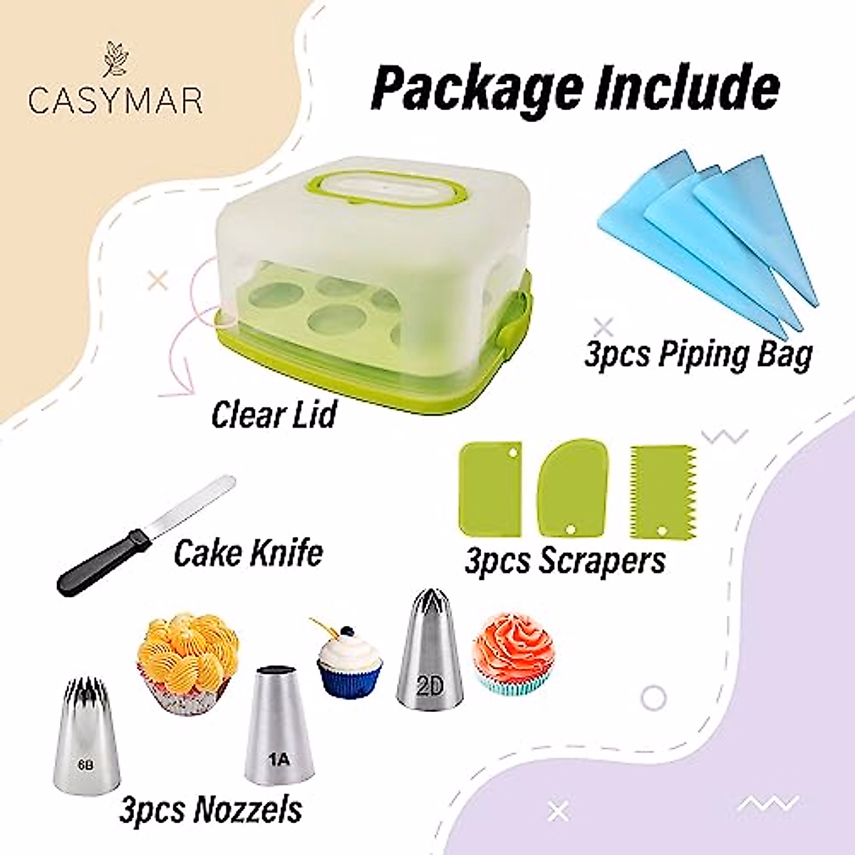 CASYMAR Portable Cake Carrier with 12 Cupcake Holder with Lid- Plastic Cake Containers with Lids Includes Knife & Accessories-Two Sided Base for Snacks Cookies Nuts Fruit etc-Suitable for 12-inch Cake