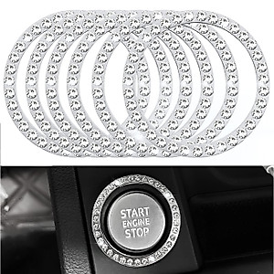6 Pcs Bling Car Decor Crystal Rhinestone Ring Emblem Sticker, Engine Start Stop Decoration Ring Car Interior Accessories for Women, Push to Start Button Cover, Key Ignition & Knob Bling Ring, Silver
