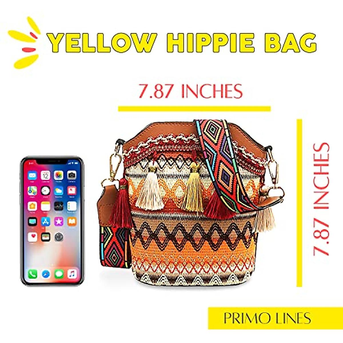 Yellow Bohemian Hippie Bag Stylish and Ultra-Trendy, Boho bags for Women, Ethnic Hippie Crossbody bag, Shoulder Bag, Hippie Side Bag with Adjustable Strap, Hippy Bags and Purses, Hippie Tote Bag