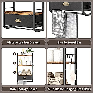 JZM Bathroom Storage Organizer Wall Mounted, 3 Tier Bathroom Towel Rack Shelf with Storage Drawer Double Towel Bars and Hooks, Industrial Bathroom Shelves Over Toilet, Rustic Black and Brown (A)