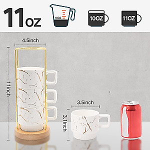 LURRIER Porcelain Large Stackable Coffee Mug Set with Rack and Wooden Base,Marble Pattern Hand-crafted Coffee Cup Set,10 Oz for Coffee,Tea,Cocoa,Milk,Set of 4 (Classic White)