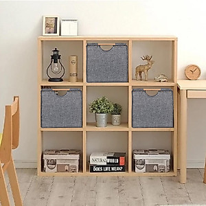 ShellKingdom Large Storage Bins, Foldable Linen Fabric Storage Baskets for Shelves, Cloth Storage Organizer Drawer for Closet Toys Storage with Wooden Handles for Home, Office, 12.59x14.96 inch, Grey