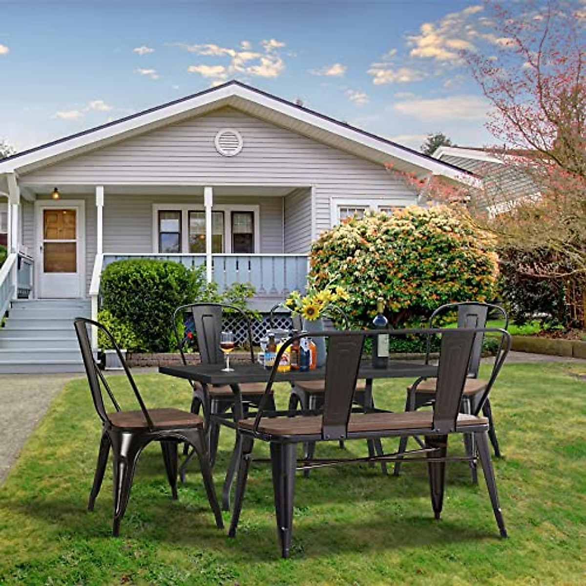 Yaheetech Industrial Metal Bench Mid-Century 3 Person Chair Dining Room Long Farmhouse Bench with Wood Seat,Removable Backrest,Black