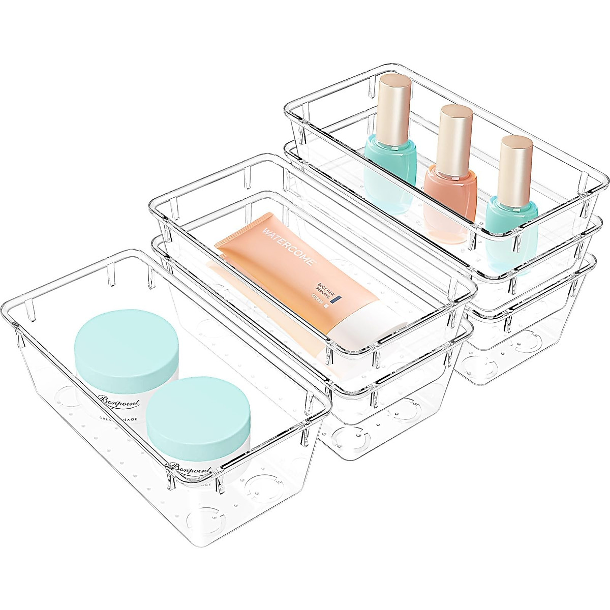WOWBOX 6 PCS Clear Plastic Drawer Organizer Set, Desk Drawer Divider Organizers and Storage Bins for Makeup, Jewelry, Gadgets for Kitchen, Bedroom, Bathroom, Office